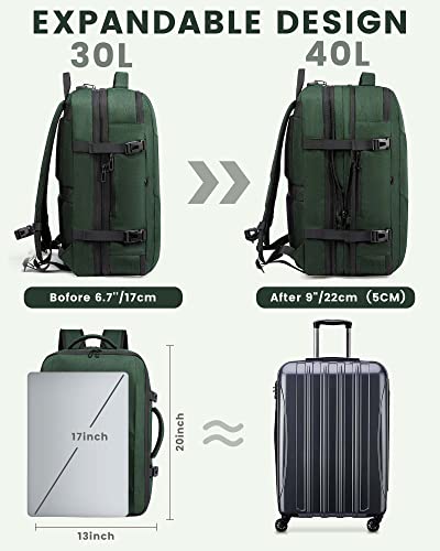 LOVEVOOK Travel Backpack, Extra Large 30-40L Expandable Carry on Backpack Airline Approved, Anti-Theft Waterproof Backpack for Travel, 17 Inch Laptop Backpack with USB Port for Men & Women, Dark Green