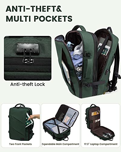 LOVEVOOK Travel Backpack, Extra Large 30-40L Expandable Carry on Backpack Airline Approved, Anti-Theft Waterproof Backpack for Travel, 17 Inch Laptop Backpack with USB Port for Men & Women, Dark Green