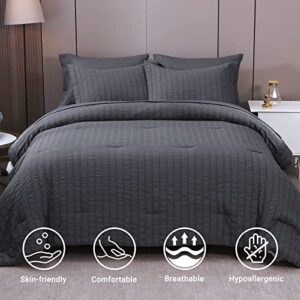 HYMOKEGE California King Comforter Set Seersucker 7 Pieces, All Season Luxury Bed in a Bag for Bedroom, Bedding Set with Comforters, Sheets, Pillowcases & Shams, Dark Grey