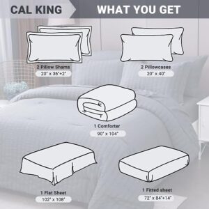 HYMOKEGE California King Comforter Set Seersucker 7 Pieces, All Season Luxury Bed in a Bag for Bedroom, Bedding Set with Comforters, Sheets, Pillowcases & Shams, Dark Grey