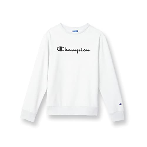 Champion Boys' Big, Kids' Sweatshirt, Crewneck Sweater, French Terry, Script, White