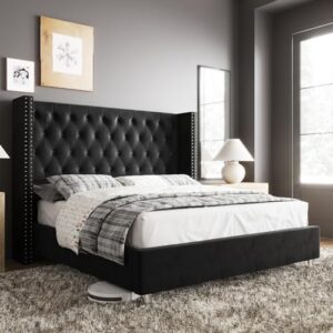 jocisland king bed frame upholstered bed wingback headboard velvet tufted diamond button/no box spring needed/easy assembly/black