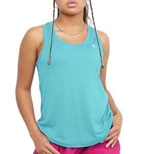 champion sport, moisture wicking, athletic tank top for women, light sky blue reflective c logo, large