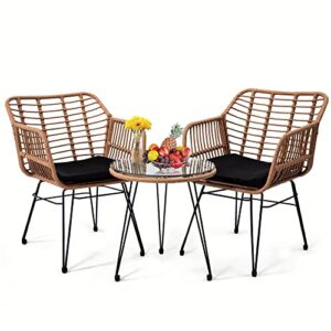 krofem 3 piece wicker patio bistro furniture set, includes 2 chairs and glass top table, ideal for porch, outdoor, backyard, apartment, balcony natural color