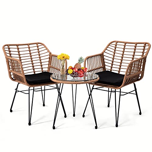 KROFEM 3 Piece Wicker Patio Bistro Furniture Set, Includes 2 Chairs and Glass Top Table, Ideal for Porch, Outdoor, Backyard, Apartment, Balcony Natural Color