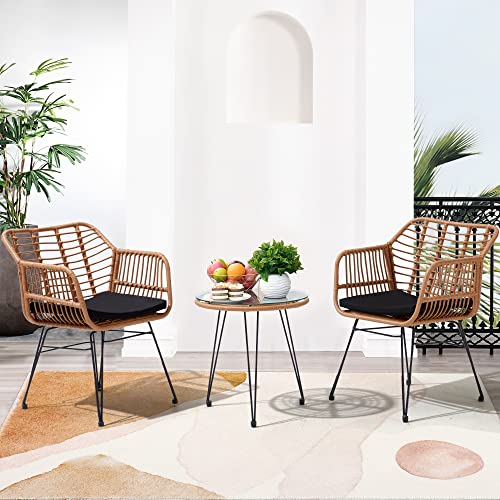 KROFEM 3 Piece Wicker Patio Bistro Furniture Set, Includes 2 Chairs and Glass Top Table, Ideal for Porch, Outdoor, Backyard, Apartment, Balcony Natural Color