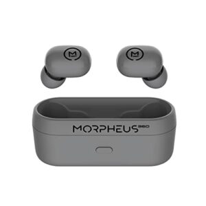 morpheus 360 spire true wireless earbuds, wireless microphone, bluetooth 5.2 wireless ear buds, one touch media control, waterproof earbuds, with recharging earbud case - slate gray