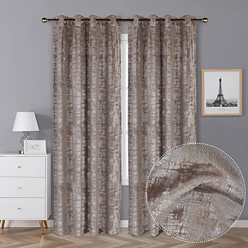 OVZME Taupe Velvet Blackout Curtains for Bedroom with 100% Blackout Liner, Double Layers Full Room Darkening Thermal Insulated Curtains, Soft Luxury Metallic Silver, Top Grommets&Box Pleat, 2x42x84