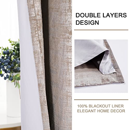 OVZME Taupe Velvet Blackout Curtains for Bedroom with 100% Blackout Liner, Double Layers Full Room Darkening Thermal Insulated Curtains, Soft Luxury Metallic Silver, Top Grommets&Box Pleat, 2x42x84