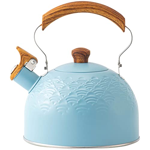 STOBAZA 2.5 Liter Whistling Tea Kettle Whistling Teapot Stainless Steel Tea Pots for Stove Top Whistling Boiling Kettle with Wood Pattern Handle for Tea, Coffee, Milk Tea Pot - Blue