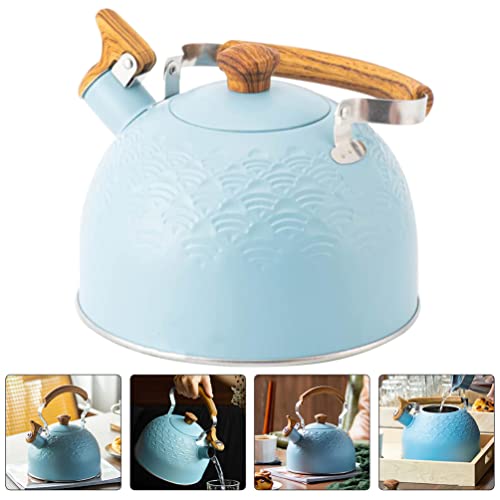 STOBAZA 2.5 Liter Whistling Tea Kettle Whistling Teapot Stainless Steel Tea Pots for Stove Top Whistling Boiling Kettle with Wood Pattern Handle for Tea, Coffee, Milk Tea Pot - Blue