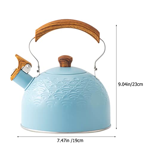 STOBAZA 2.5 Liter Whistling Tea Kettle Whistling Teapot Stainless Steel Tea Pots for Stove Top Whistling Boiling Kettle with Wood Pattern Handle for Tea, Coffee, Milk Tea Pot - Blue