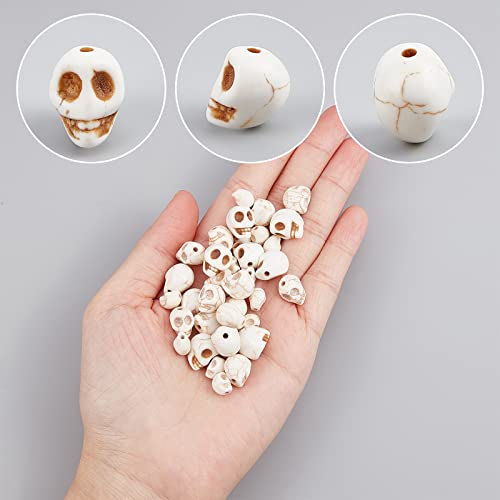 SUNNYCLUE 1 Box 200Pcs 3 Sizes Skull Beads Bulk Skeleton Head Bead Synthetic Turquoise Gemstone Halloween Beads for Jewelry Making Bead Assortment Beading Bracelet Kit White Stone Necklace Supplies