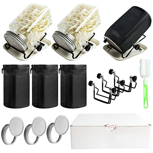 Sprouting Kit, 3PCS Sprouting Jar Kit Sprouts Growing Kit, With 3PCS Sprouting Lids, Blackout Sleeves, Sprouter Stand, Drip Tray and Canning Brush Seed Starter Kit Growing Broccoli, Alfalfa, Mung Bean