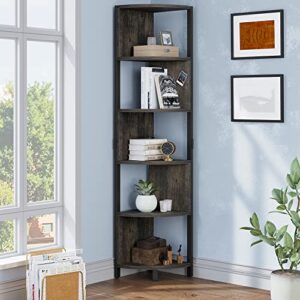 yitahome 6-tier corner shelf, 68.8" tall industrial free standing corner bookshelf, 6 shelf display corner bookcase open small book shelves for bedroom, living room, small space, charcoal gray + black