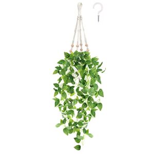 cewor fake hanging plant with pot, artificial hanging plant vine for home decor indoor, macrame plant hanger with fake vines faux hanging planter greenery for bedroom bathroom kitchen office decor