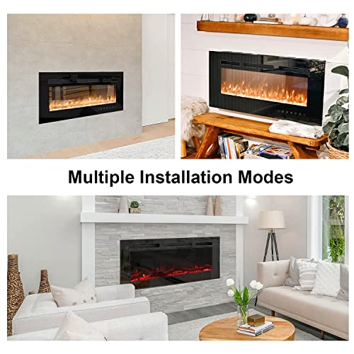 Joytain Electric Fireplace 40 inch Recessed and Wall Mounted, 750w/1500w Thin Wall Fireplace Heater with Timer, Remote Control, Adjustable Flame Colors for Living Room Bedroom, Black