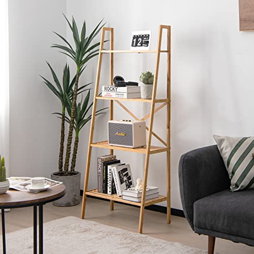 Tangkula 4 Tier Bamboo Ladder Bookshelf, Freestanding Plant Display Stand w/Anti-Tipping Device, Multifunctional Storage Shelves Rack for Home Office Living Room Bedroom Study Hallway (Natural)