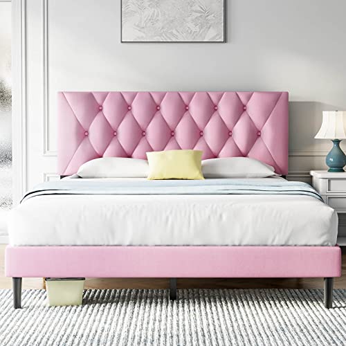 Molblly Full Size Platform Bed Frame with Adjustable Headboard, Flannel Fabric Wrap, Strong Frame and Wooden Slats Support, No Box Spring Needed, Non-Slip and Noise-Free, Easy Assembly, Pink