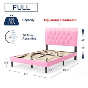 Molblly Full Size Platform Bed Frame with Adjustable Headboard, Flannel Fabric Wrap, Strong Frame and Wooden Slats Support, No Box Spring Needed, Non-Slip and Noise-Free, Easy Assembly, Pink