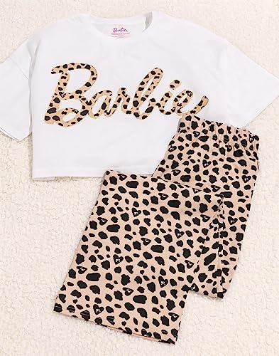 Barbie Pyjamas Womens Animal Print Logo Cropped T-Shirt Bottoms Pjs White