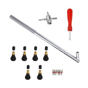 tire valve stem tool puller and installer kit, remover and installation set, 6 pcs tr412 snap-in valve stems with valve stem cores, 1 pcs single head tire valve core tool, 1 pcs 4-way valve tool