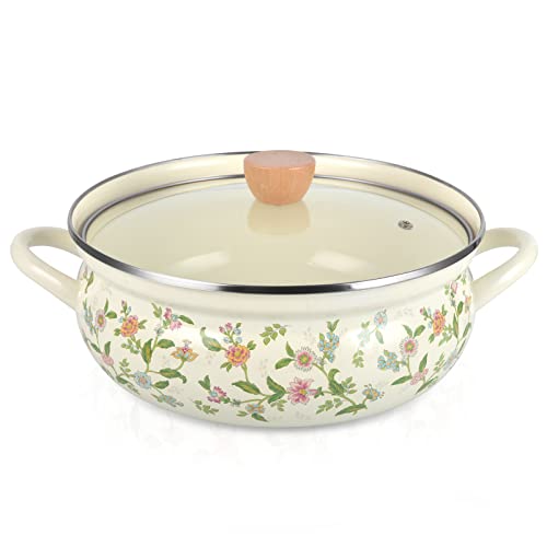 Enamel Stock Pot with Lid, Floral Retro Cooking Pot for Stove Non Stick Soup Pot, Induction Pasta Pot, All Stove Compatible (STYLE1)