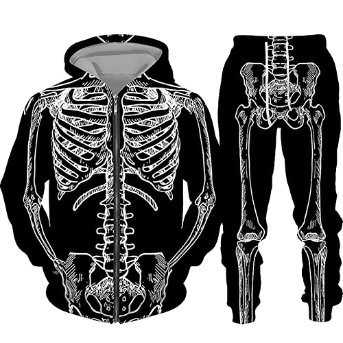 Hicawetp Men's 2 Pieces Tracksuit Set Novelty Skeleton Print Zip Up Hoodie Sweatpants Set For Men Women Jogging Sweat Suits L