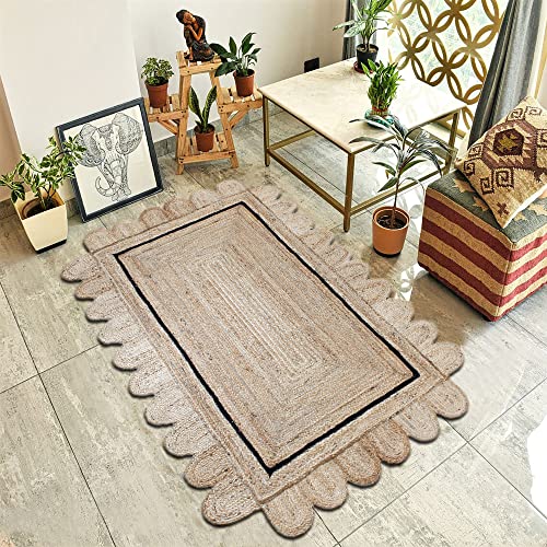 CASAVANI Hand Braided Rag Rug Geometric Beige & Black Jute Rug Best Uses for Hallway Enterway Best Uses for Bedroom,Dining Room,Entertainment Room 4x6 Feet