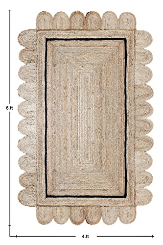 CASAVANI Hand Braided Rag Rug Geometric Beige & Black Jute Rug Best Uses for Hallway Enterway Best Uses for Bedroom,Dining Room,Entertainment Room 4x6 Feet