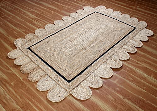 CASAVANI Hand Braided Rag Rug Geometric Beige & Black Jute Rug Best Uses for Hallway Enterway Best Uses for Bedroom,Dining Room,Entertainment Room 4x6 Feet