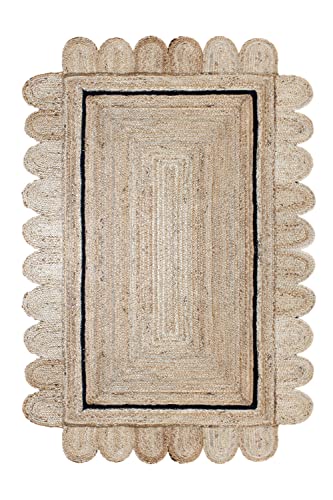 CASAVANI Hand Braided Rag Rug Geometric Beige & Black Jute Rug Best Uses for Hallway Enterway Best Uses for Bedroom,Dining Room,Entertainment Room 4x6 Feet