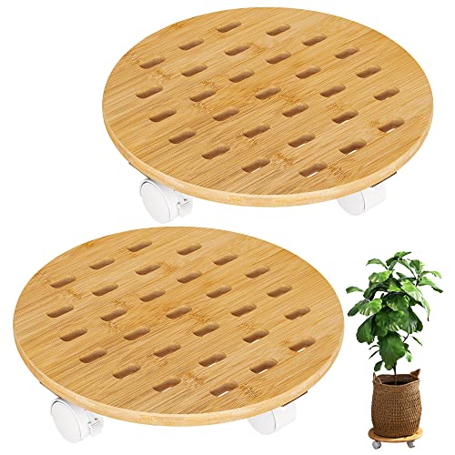 FILWH Plant Caddy 13 Inch Bamboo Plant Stand Indoor Outdoor 2 Pack Plant Pulley with 360° Lockable Caster Wheels Flower Pot Plant Shelf Corner Display Rack for Balcony Garden Patio(Natural)