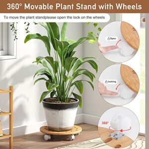 FILWH Plant Caddy 13 Inch Bamboo Plant Stand Indoor Outdoor 2 Pack Plant Pulley with 360° Lockable Caster Wheels Flower Pot Plant Shelf Corner Display Rack for Balcony Garden Patio(Natural)