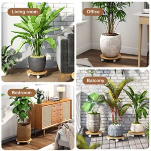 FILWH Plant Caddy 13 Inch Bamboo Plant Stand Indoor Outdoor 2 Pack Plant Pulley with 360° Lockable Caster Wheels Flower Pot Plant Shelf Corner Display Rack for Balcony Garden Patio(Natural)