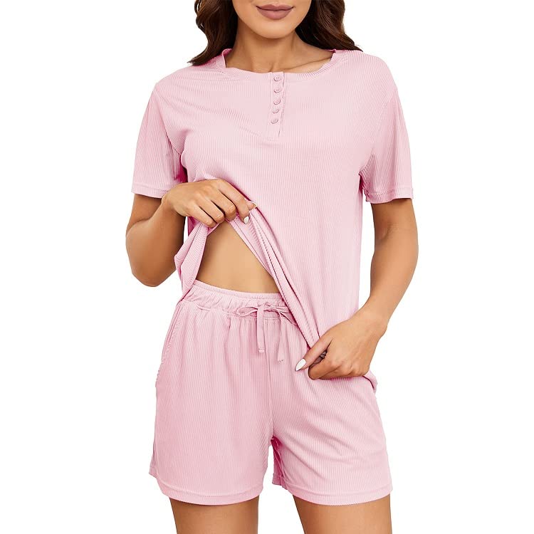 HEARTNICE Pajamas Set for Women Soft Shorts Lounge Sets Short Sleeve Sleepwear Summer PJ 2 Piece(Dusty Pink, L)