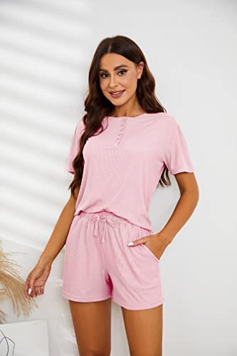 HEARTNICE Pajamas Set for Women Soft Shorts Lounge Sets Short Sleeve Sleepwear Summer PJ 2 Piece(Dusty Pink, L)