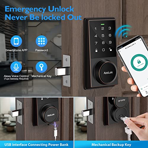 AppLoki Smart Lock, Keyless Entry Door Lock with Bluetooth/Alexa Voice Control, Touchscreen Keypad Deadbolt Lock with APP, E-Key, Code, Key, Auto-Lock, Front Door Lock for Home Apartment Hotel