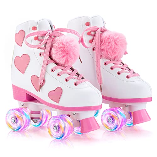 Ruthfot Women's and Girl's Classic Roller Skates with Light up Wheels and Love Heart Pattern, High-top PU Leather Rollerskates