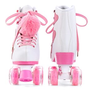 Ruthfot Women's and Girl's Classic Roller Skates with Light up Wheels and Love Heart Pattern, High-top PU Leather Rollerskates