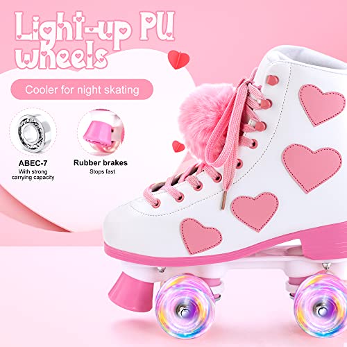 Ruthfot Women's and Girl's Classic Roller Skates with Light up Wheels and Love Heart Pattern, High-top PU Leather Rollerskates