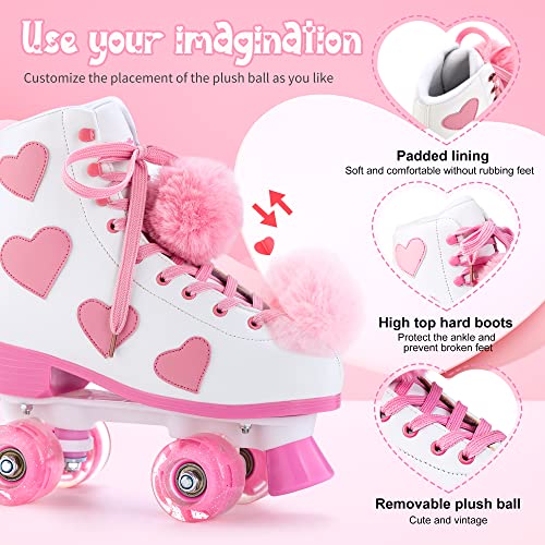 Ruthfot Women's and Girl's Classic Roller Skates with Light up Wheels and Love Heart Pattern, High-top PU Leather Rollerskates