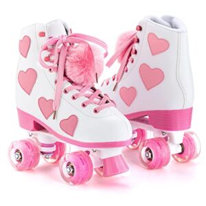 Ruthfot Women's and Girl's Classic Roller Skates with Light up Wheels and Love Heart Pattern, High-top PU Leather Rollerskates