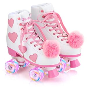 Ruthfot Women's and Girl's Classic Roller Skates with Light up Wheels and Love Heart Pattern, High-top PU Leather Rollerskates