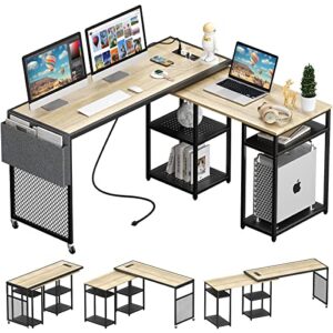 55" l shaped computer desk with power outlets for home office desks, wooden gaming desk with storage shelves/bag, modern simple corner desk for small space student study writing l shaped desk, oak