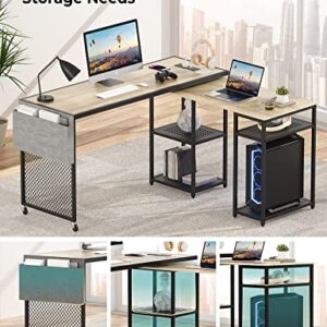 55" L Shaped Computer Desk with Power Outlets for Home Office Desks, Wooden Gaming Desk with Storage Shelves/Bag, Modern Simple Corner Desk for Small Space Student Study Writing L Shaped Desk, Oak