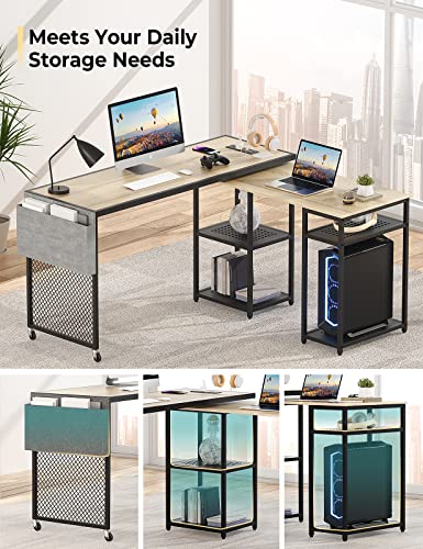 55" L Shaped Computer Desk with Power Outlets for Home Office Desks, Wooden Gaming Desk with Storage Shelves/Bag, Modern Simple Corner Desk for Small Space Student Study Writing L Shaped Desk, Oak