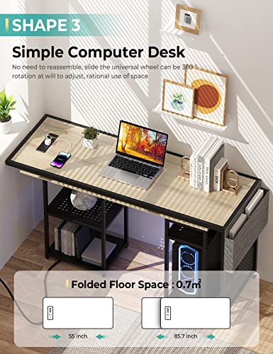 55" L Shaped Computer Desk with Power Outlets for Home Office Desks, Wooden Gaming Desk with Storage Shelves/Bag, Modern Simple Corner Desk for Small Space Student Study Writing L Shaped Desk, Oak