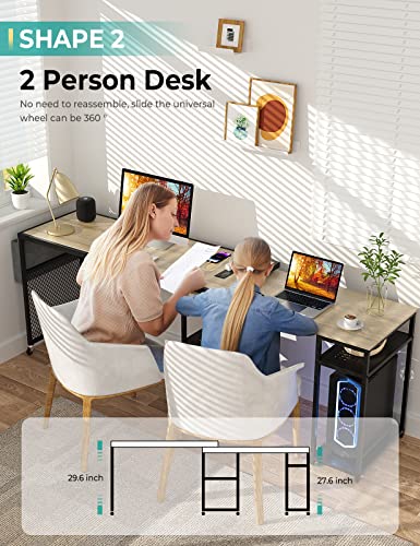 55" L Shaped Computer Desk with Power Outlets for Home Office Desks, Wooden Gaming Desk with Storage Shelves/Bag, Modern Simple Corner Desk for Small Space Student Study Writing L Shaped Desk, Oak