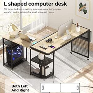 55" L Shaped Computer Desk with Power Outlets for Home Office Desks, Wooden Gaming Desk with Storage Shelves/Bag, Modern Simple Corner Desk for Small Space Student Study Writing L Shaped Desk, Oak